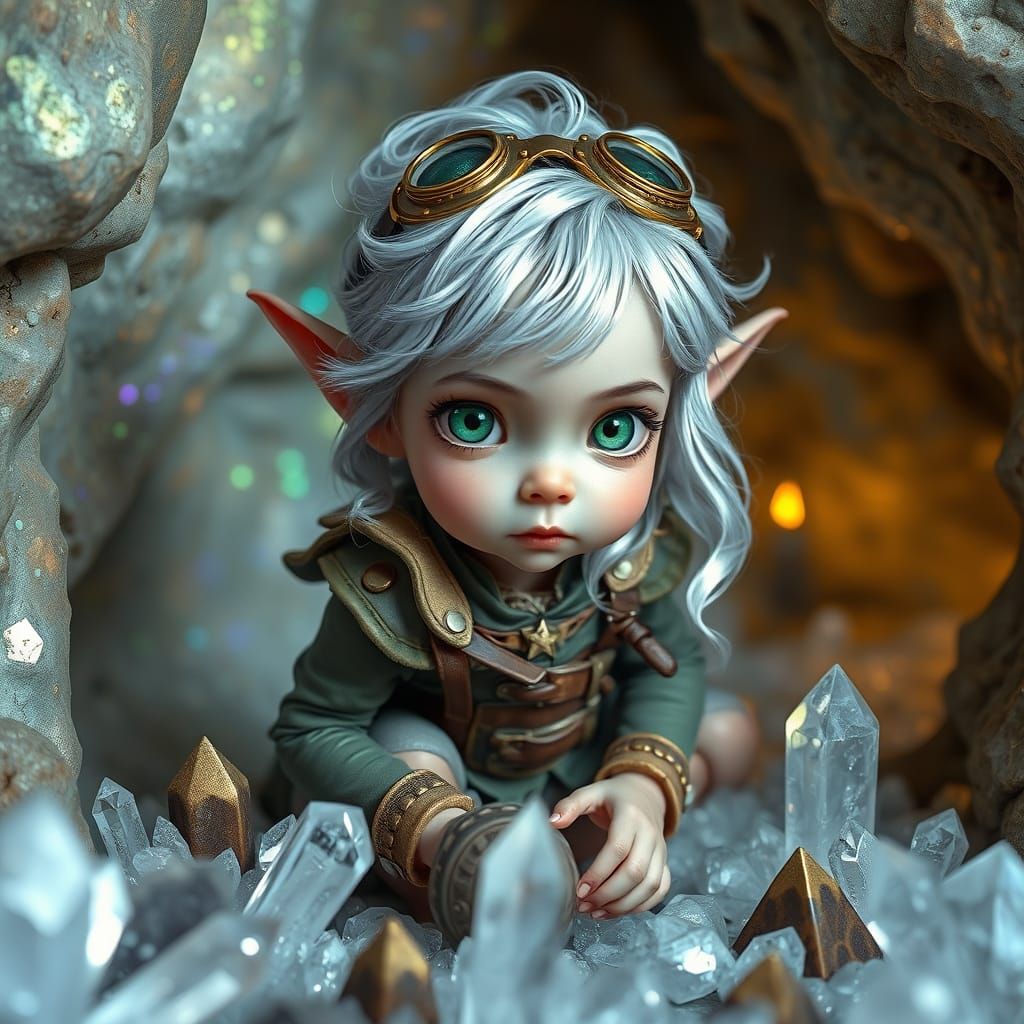 Whimsical Steampunk Elven Child Collects Crystals ... - AI Art