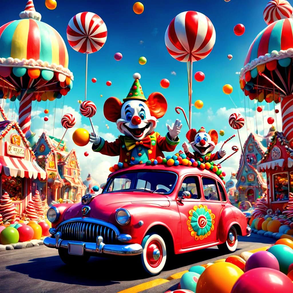 Whimsical Mice at Play in an Extravagant Clown Car - AI Art