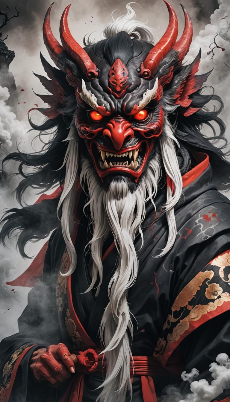 Prompt: An ultra-realistic photo of a menacing Tengu, human-like, with ...
