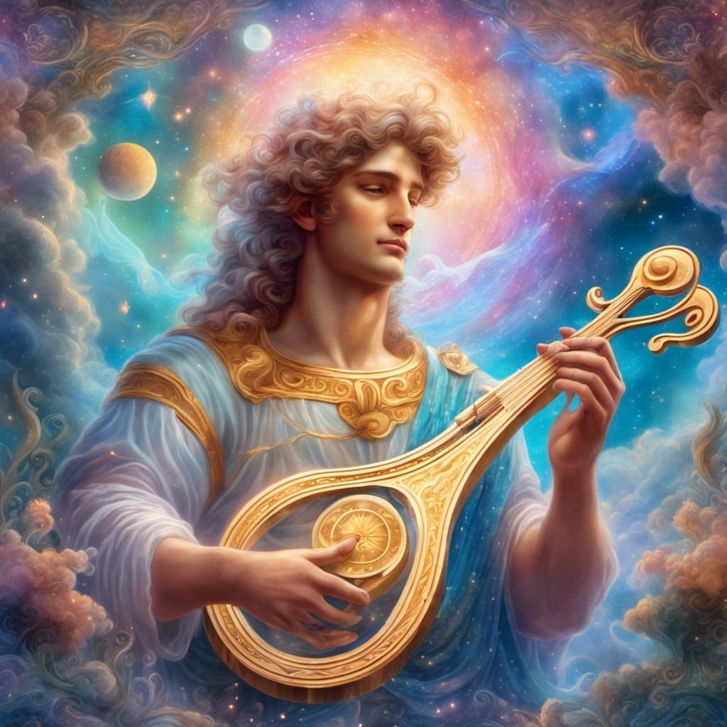 God Apollo gentle peaceful lyre in hand 8k resolution holographic ...