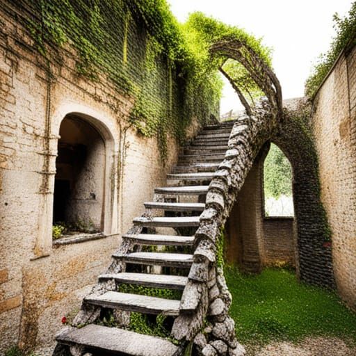 escalier ruine vigne arbre apocalypse feu - AI Generated Artwork ...