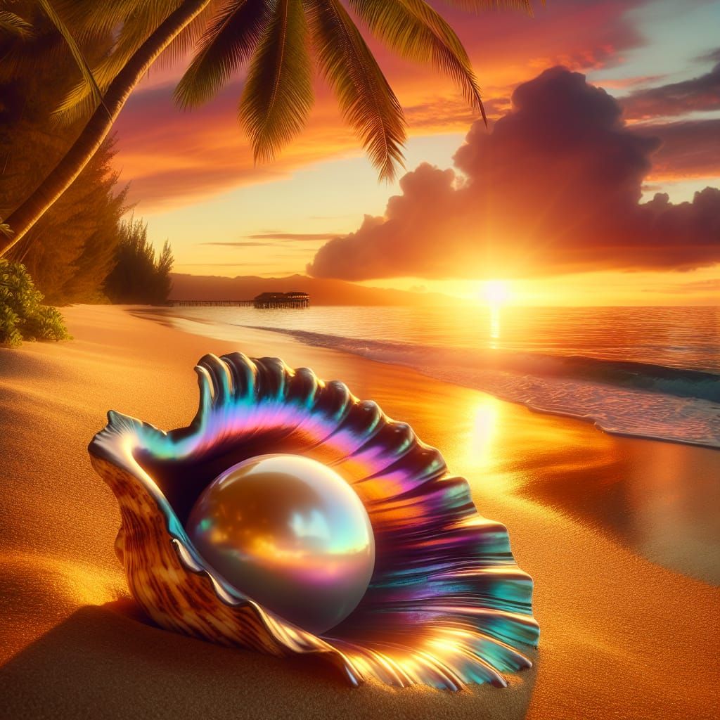 Pearl shell on a beach at sunset - AI Generated Artwork - NightCafe Creator
