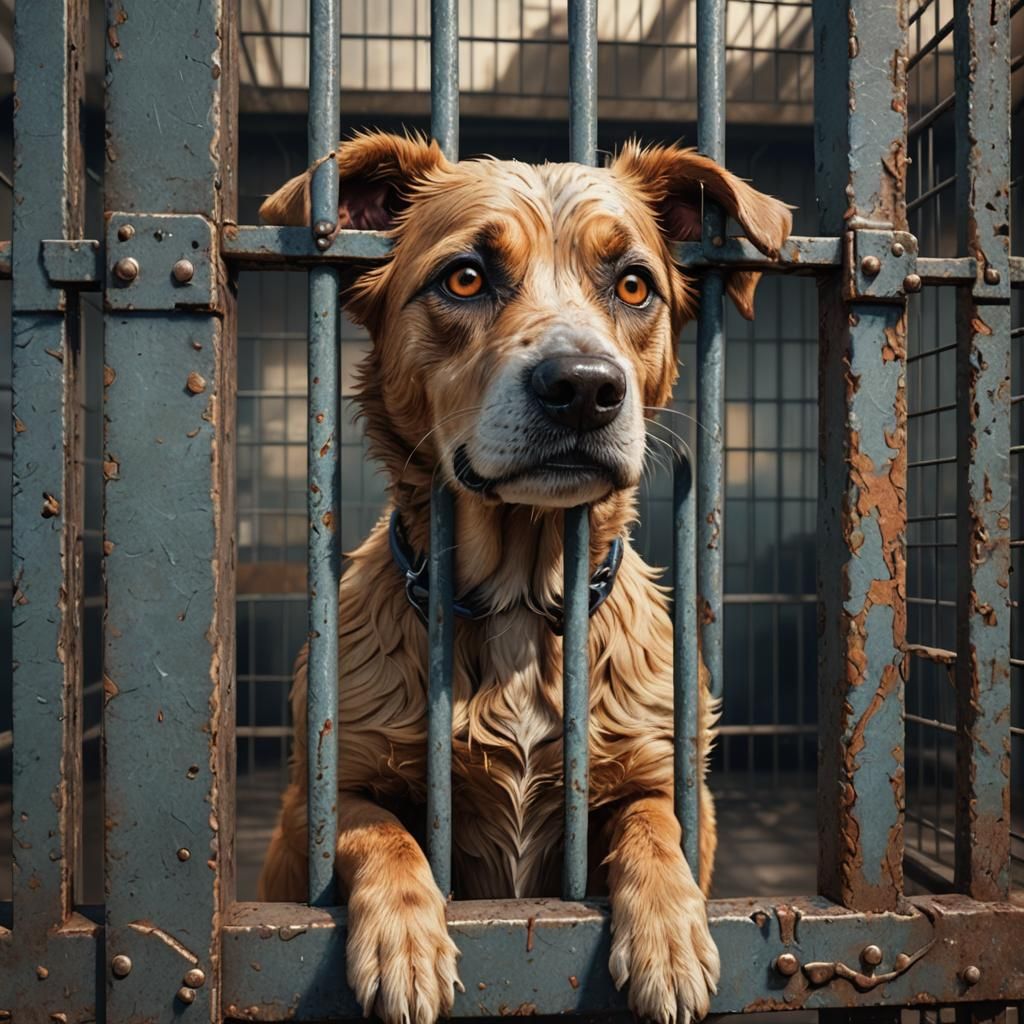old mutt dog looking from behind bars of its cage in an animal shelter ...