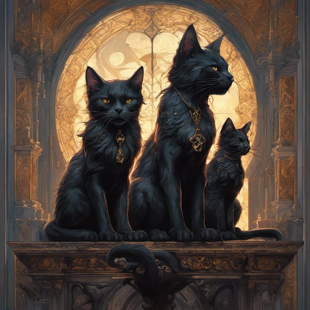 Three gothic cats, sat in a row, hecate, witches, a masterpiece, 8k ...