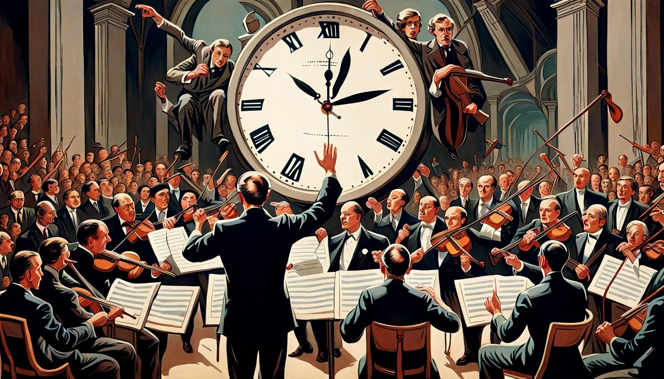 Socialist realism poster a symphony conducted by clock hands
