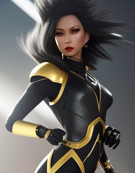full body portrait of sleek elegant black mech female assassin, gold ...
