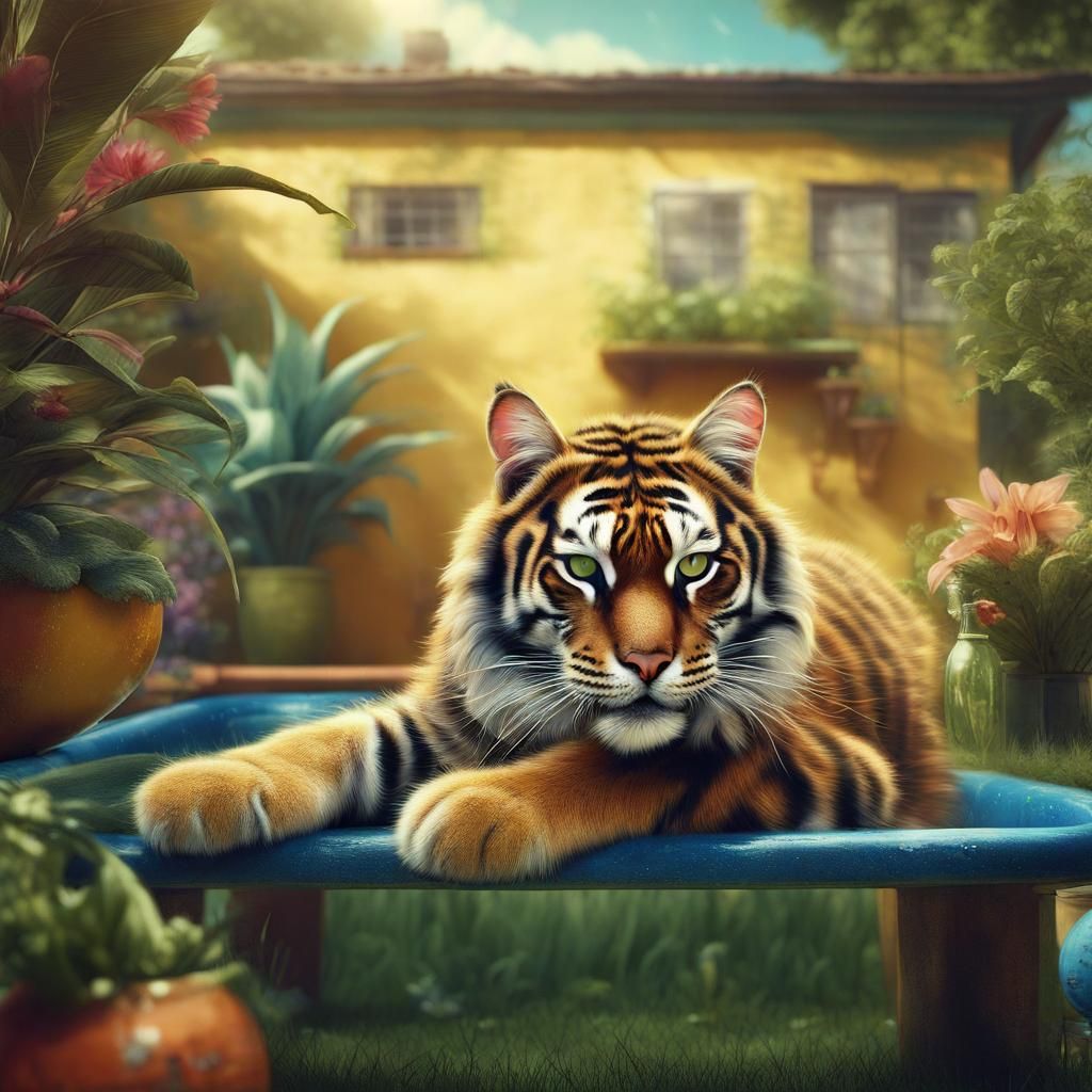 Cat dreaming of being a tiger in the backyard, amusing, whimsical ...