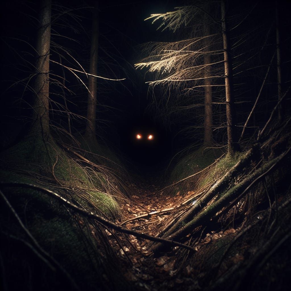 A creatures eerie eyes looking at you from the path edge of a very dark ...
