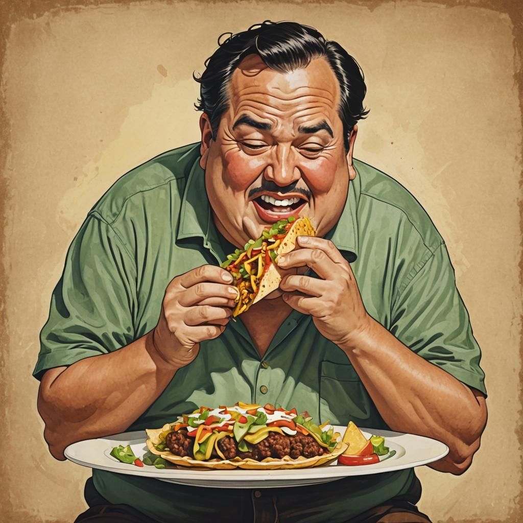 masterpiece, cartoon of a gluttonous man eating a mexican taco - AI ...