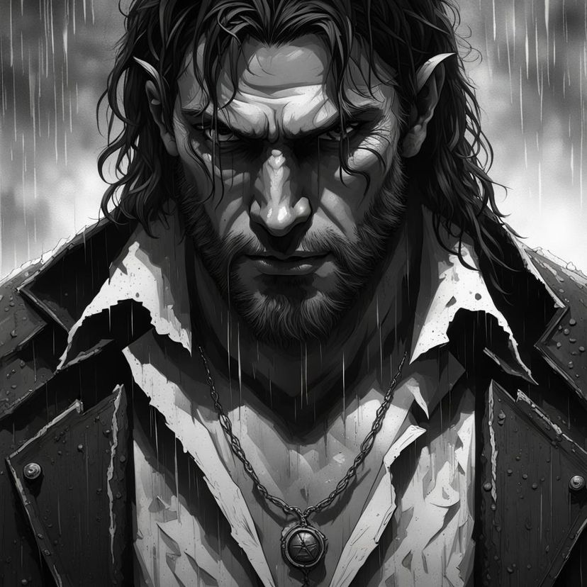 Dark, Portrait, gothic frame, dirty, wolfish man, torn shirt, wet with ...