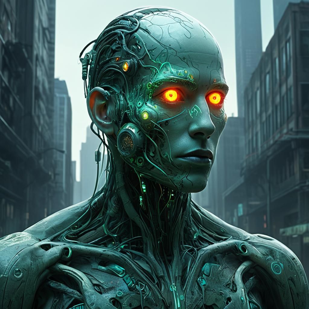 Main Subject: A person with bio-modified features, such as glowing eyes ...