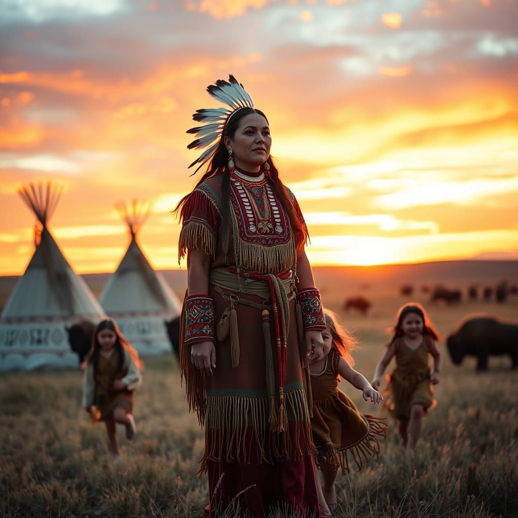 Plains Nations Woman in Prairie Sunset, Soft Light... - AI Art