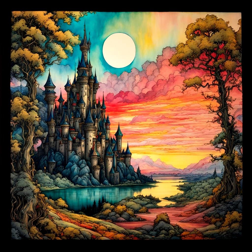 Fantasy castle, landscape, by arthur rackham