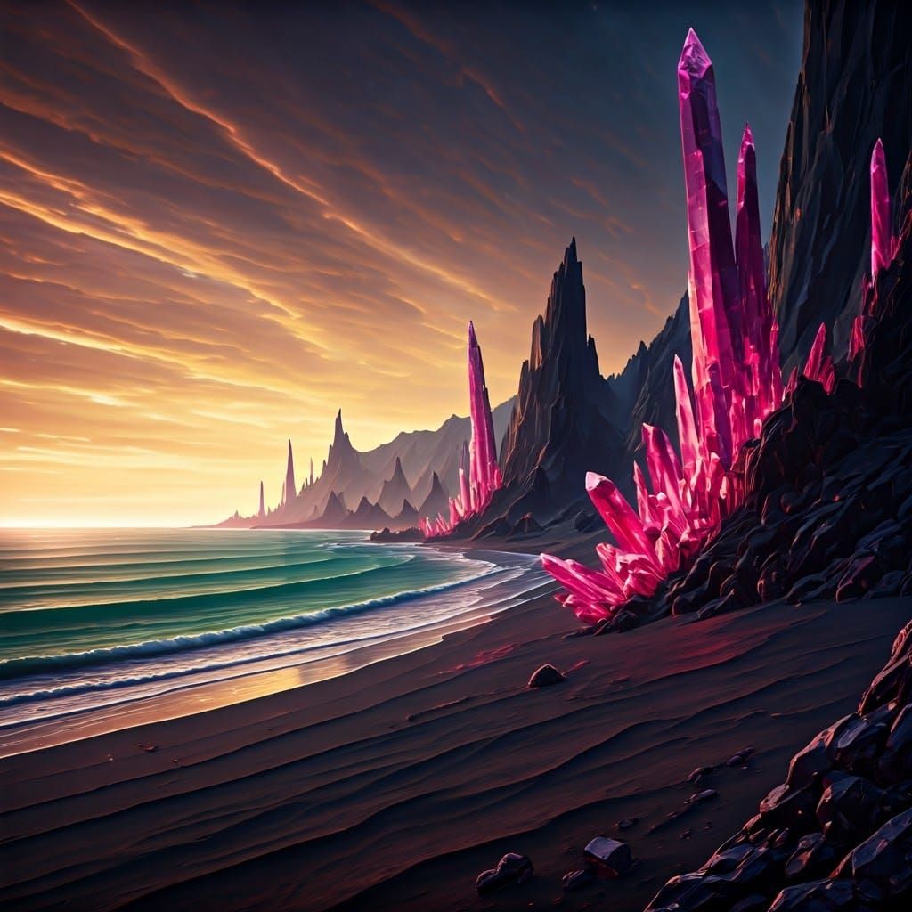 An alien beach that gleams with sands of shimmering obsidian that ...