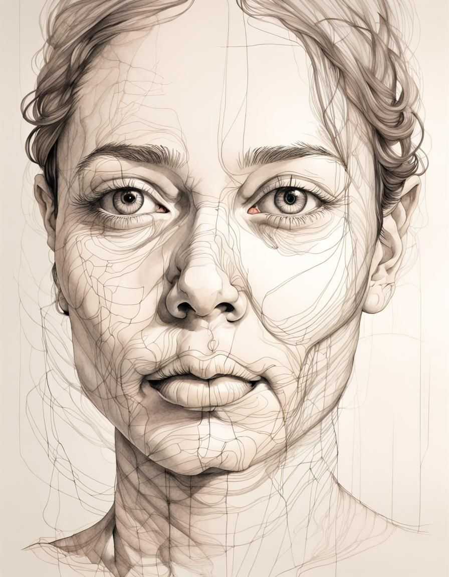 A delicate but intricate line drawing portrait of a person with an ...