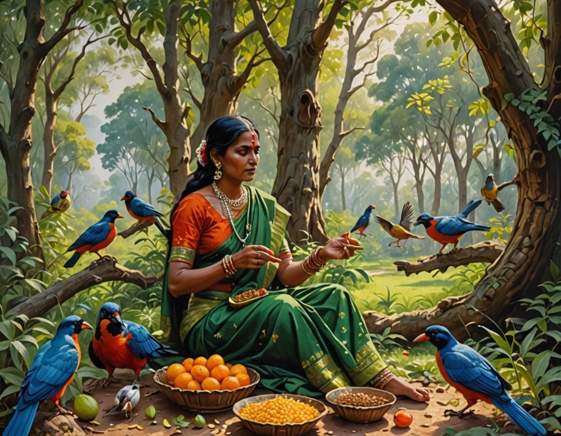 Create a realistic painting of an Indian lady feeding birds in green ...