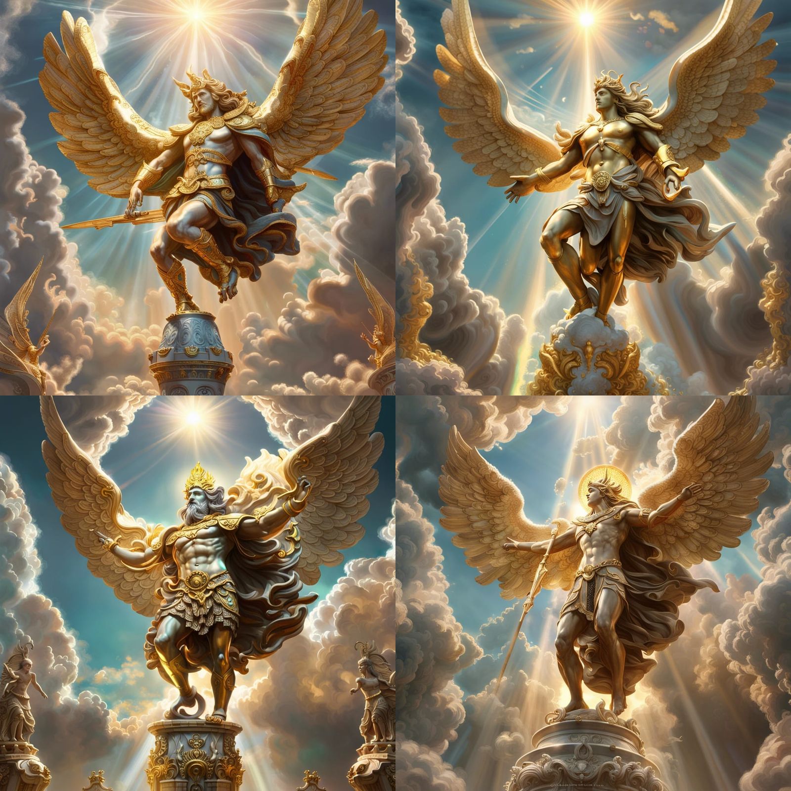 Hercynite statue of a god flying into battle, parabolic opal, ornate ...