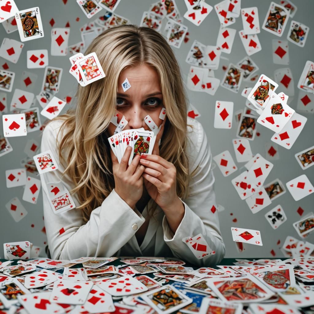 A blonde woman surrounded by playing cards, with cards covering her ...