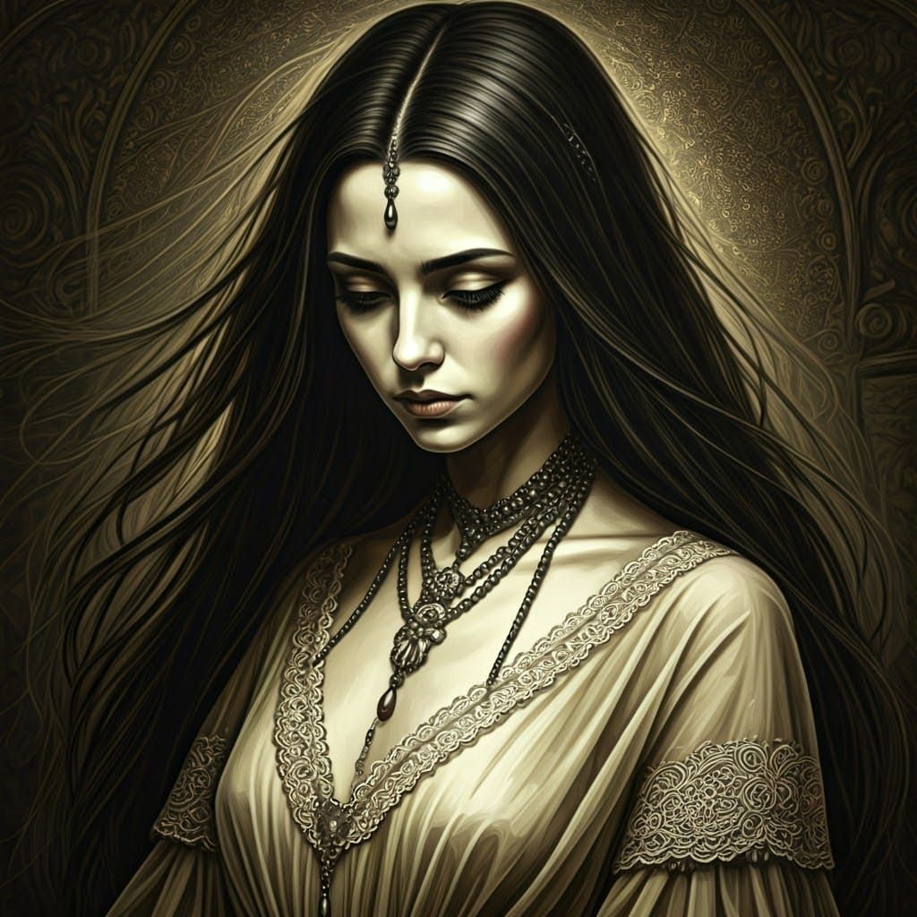 A woman with elegant, elongated features, adorned in a flowing ...