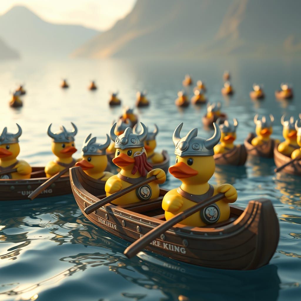 Viking Rubber Ducks Sail Across Serene Fjord in An... - AI Art