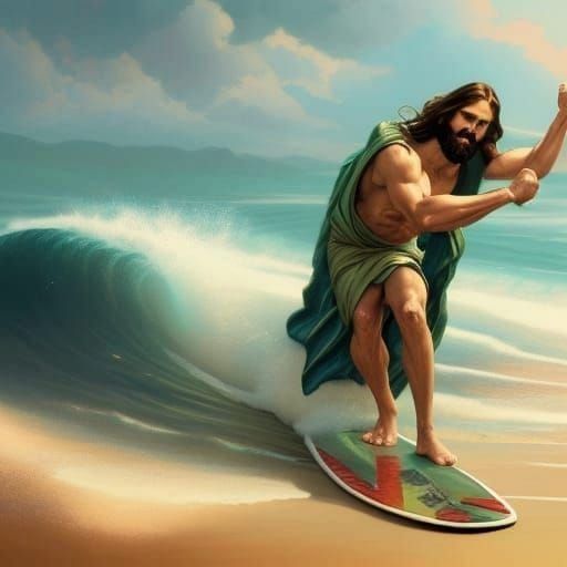 Surfin' Jesus 1 - AI Generated Artwork - NightCafe Creator