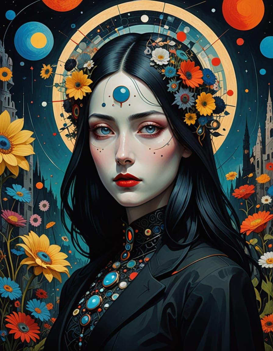 Surreal Gothic Goddess in Vibrant Floral Majesty - AI Art