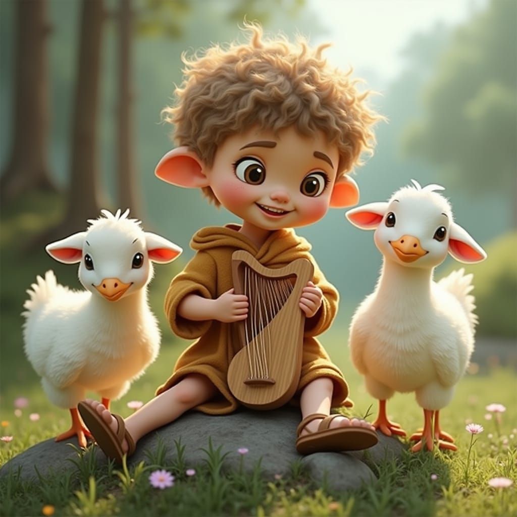 Young Shepherd Plays Harp in Idyllic Landscape - AI Art
