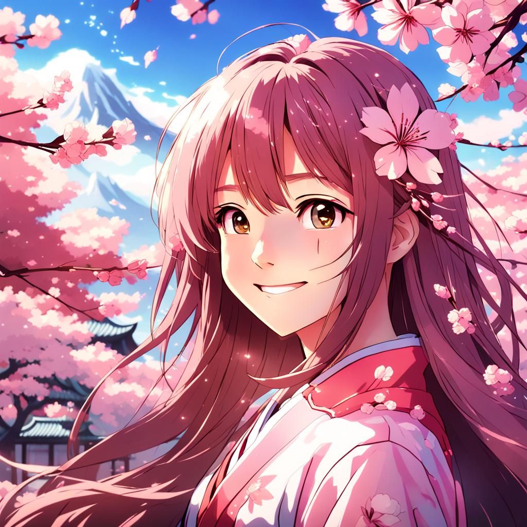 Beautiful Fantasy Woman Portrait with Sakura in Pi... - AI Art
