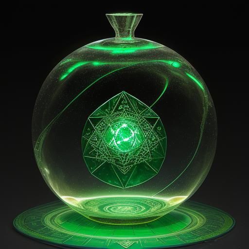 a bizarre transparent sphere, inside An emerald tablet inscribed with ...