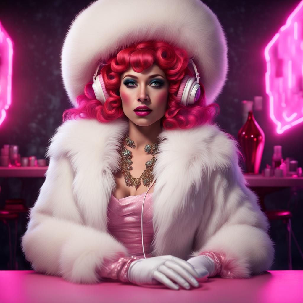 hyper real campy sissy drag queen wearing white winter fur coat, white ...