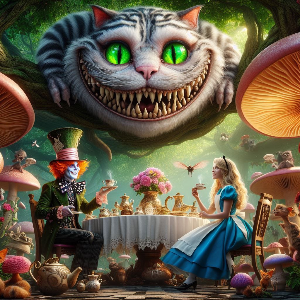 Alice, Mad Hatter & the Cheshire cat at TEa Party - AI Generated ...