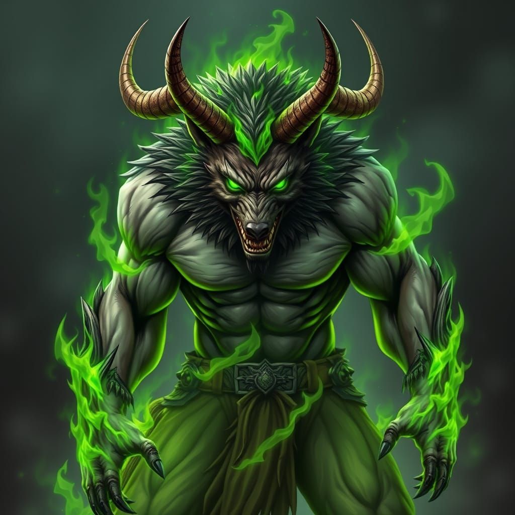 A full body shot of very powerful muscular horned werewolf wreathed in ...