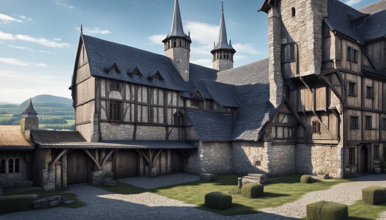 impressive medieval stone building, great doors, rough, jumbled, tall ...