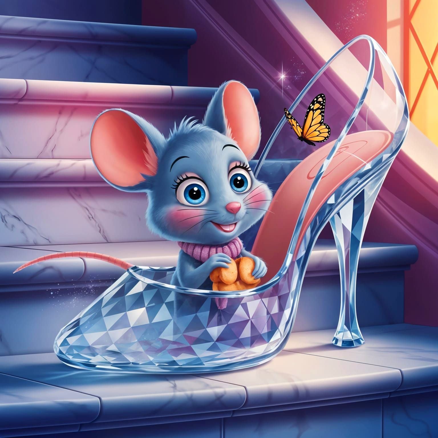 A timid cartoon mouse peeking out from inside a giant crystal slipper ...