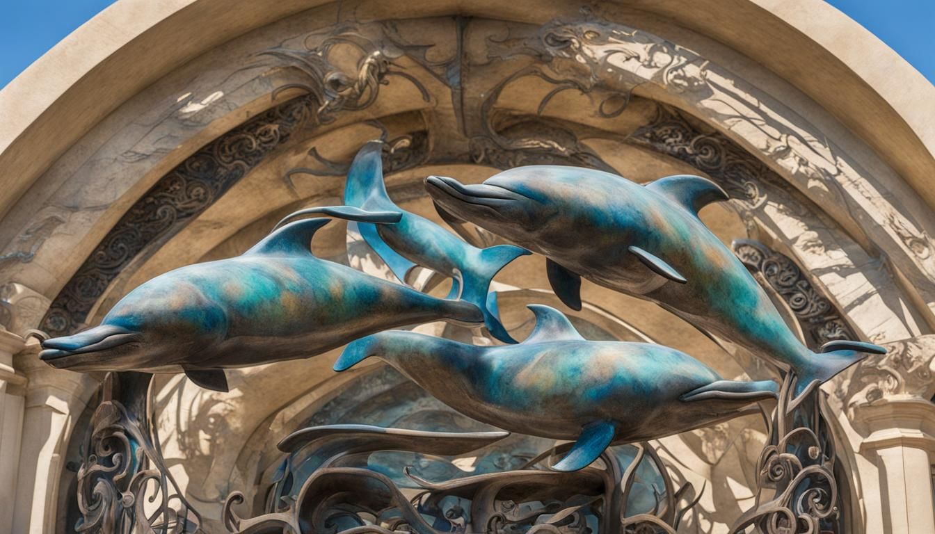 a wrought-iron Art Deco sculpture of colorful Dolphins in an intricate ...