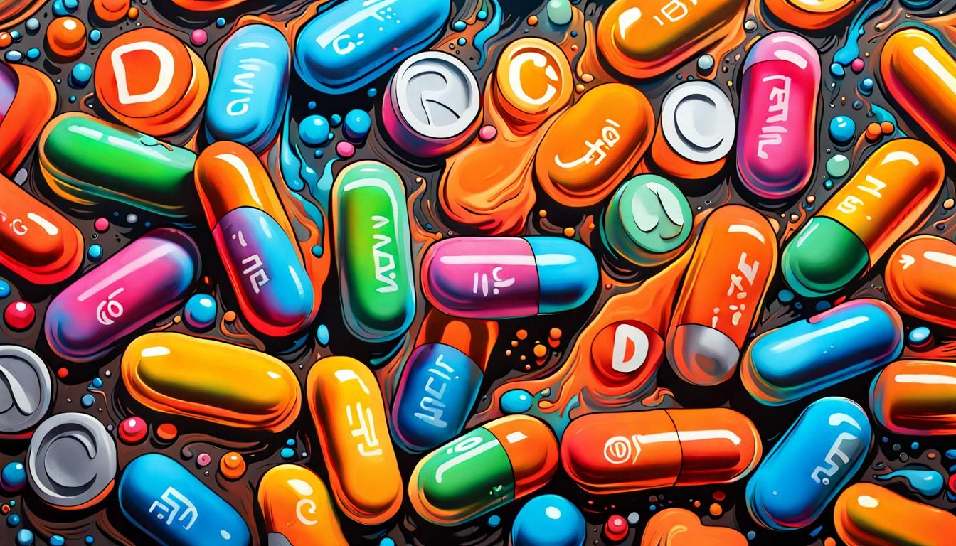 Vitamin pills C and D graffiti art, splash art, street art, spray paint ...