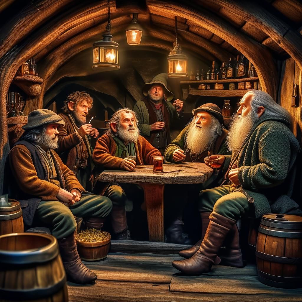 Several hobbits inside a hobbit tavern drinking and smoking, rustic ...