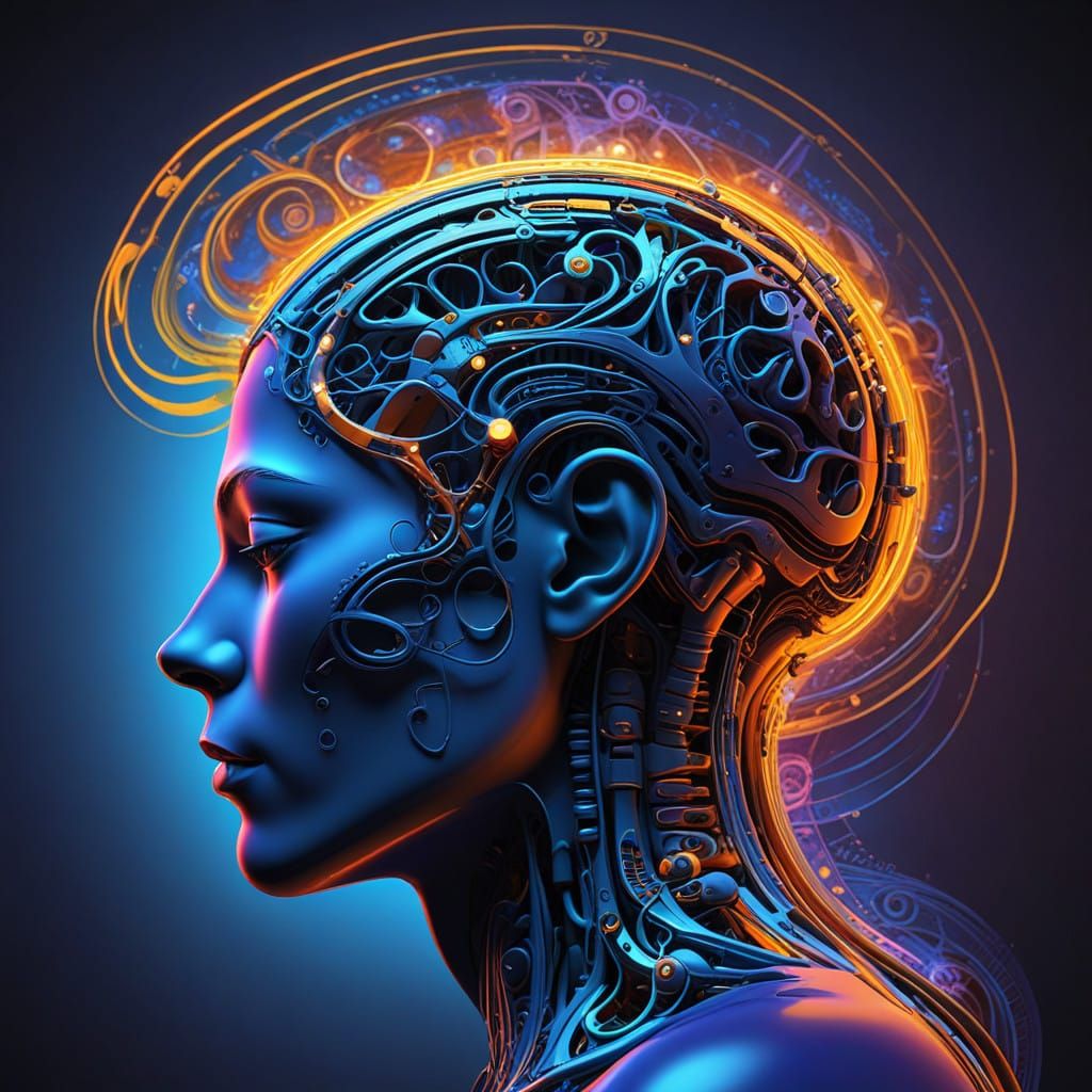 Neon Human Head in Profile with Glowing Circuitry - AI Art