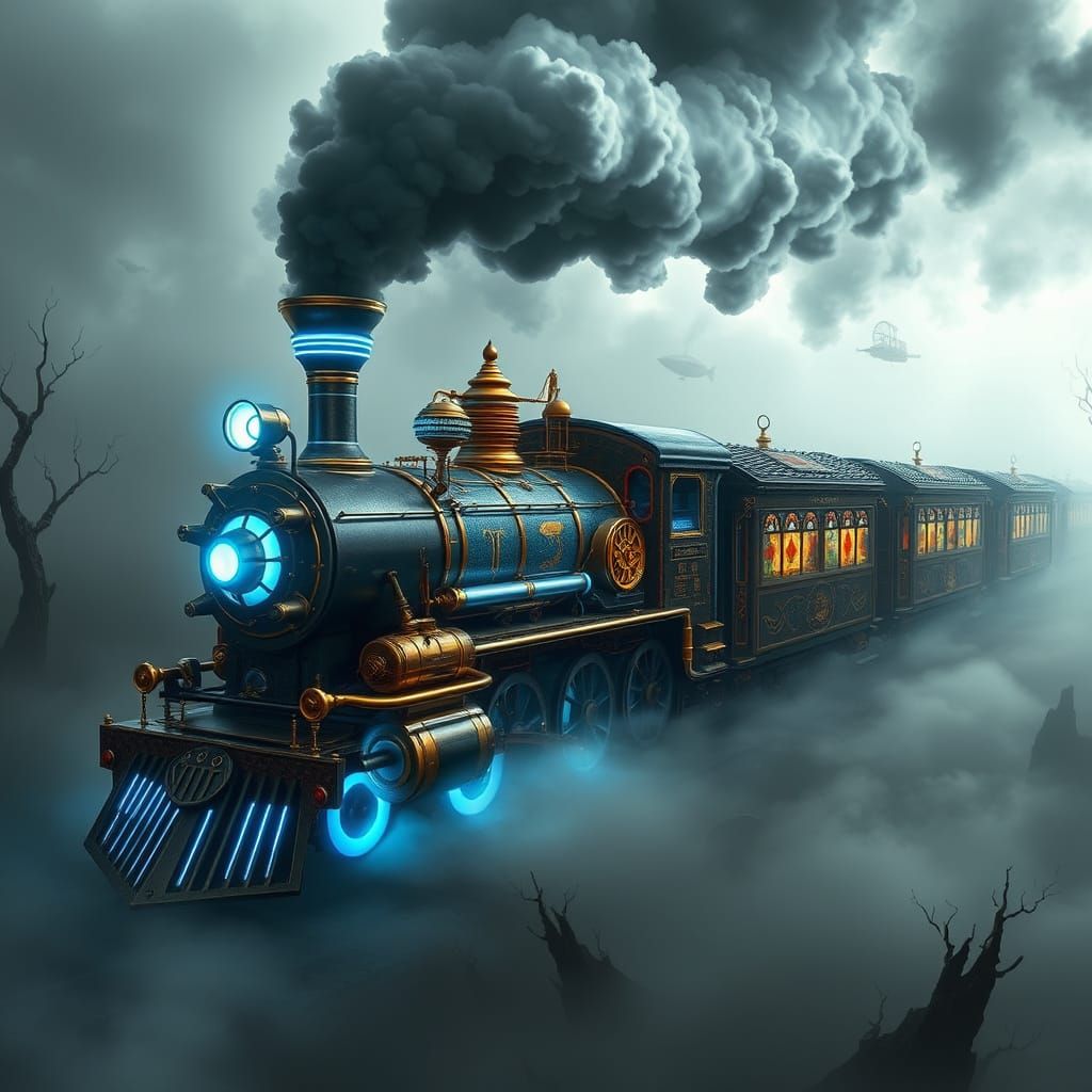 train - Enchanted Steam Train Chugs Through a Mystical Foggy...