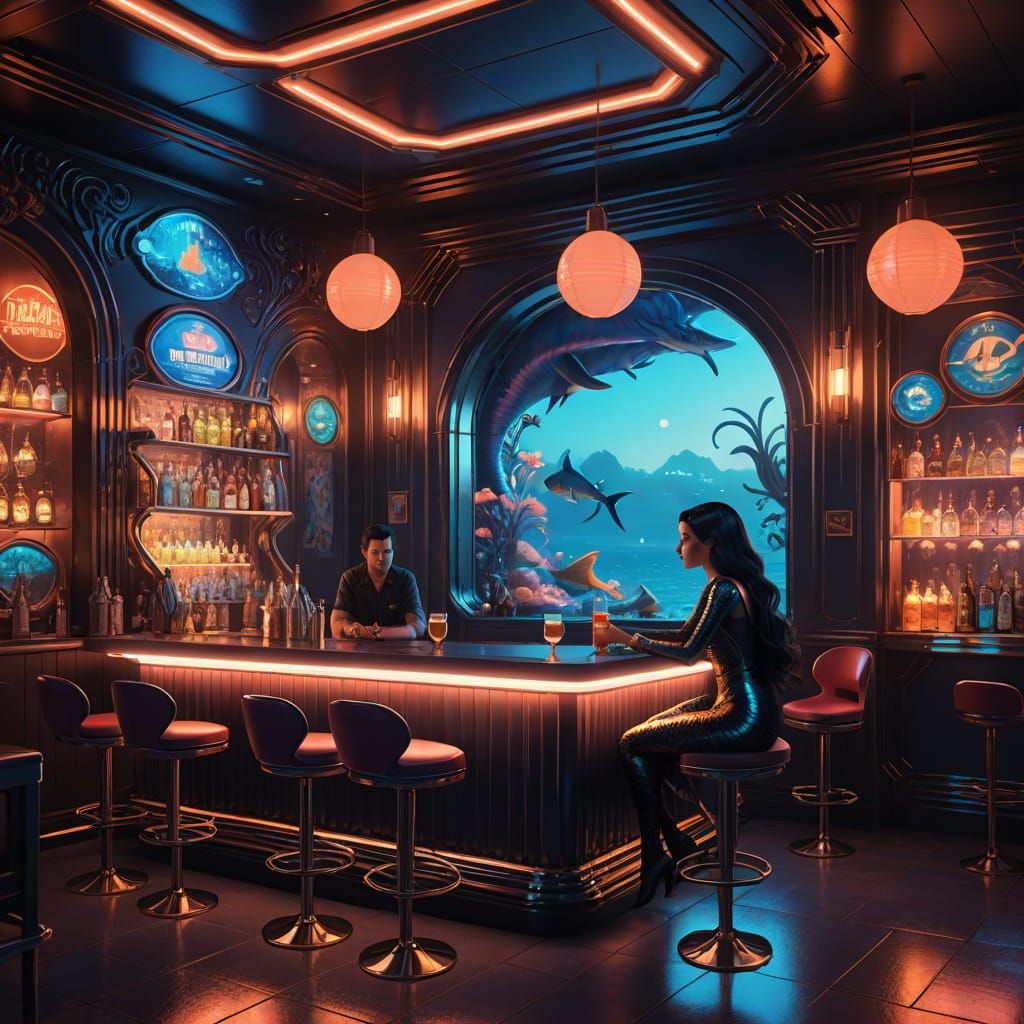 Fantasy Dive Bar Scene with Mermaid Bartender in 5... - AI Art