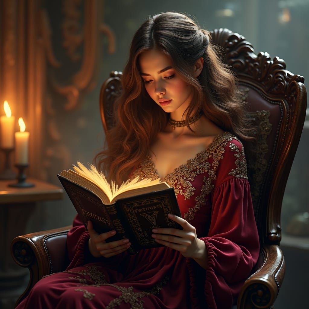 retrato leyendo - Enchanted Reader in Velvet Burgundy