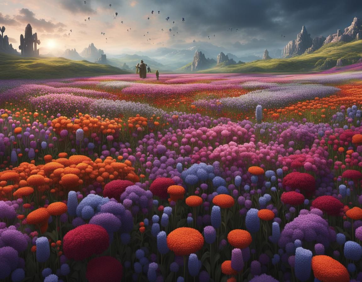 flower field with (many mime artists:2), masterpiece, detailed matte ...