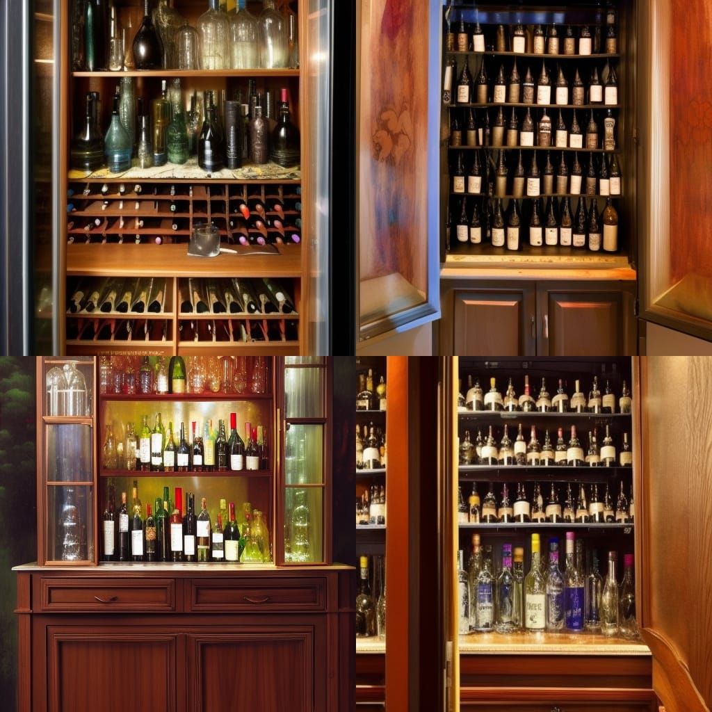 leftover wine bottles in disorganized bar cabinet in the house - AI ...