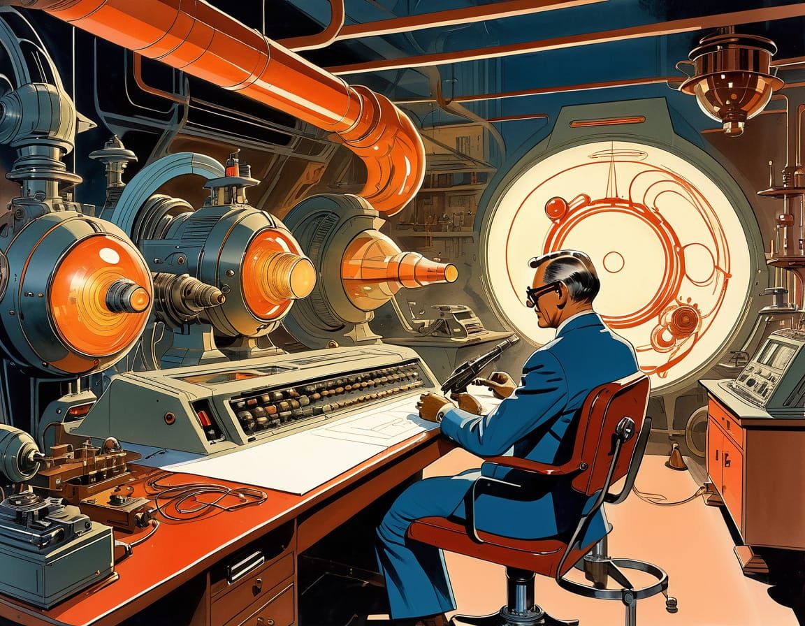 Vintage Professor Builds Retro Ray Gun in Futurist... - AI Art