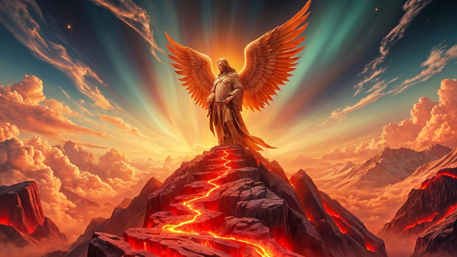 Archangel Walks Among Fiery Ruby Gemstones on Holy... - AI Art