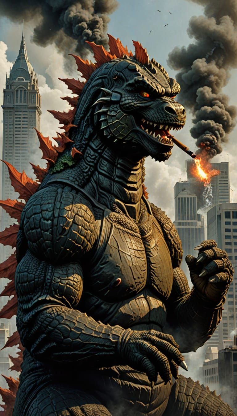 Godzilla smoking a cigar - Godzilla in a Smoky, Vintage-Insp...