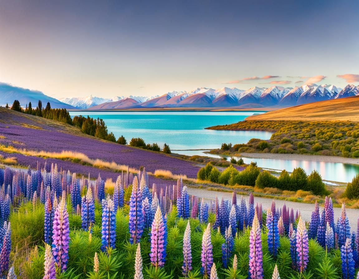 Lupin Fields, Lake Tekapo - AI Generated Artwork - NightCafe Creator