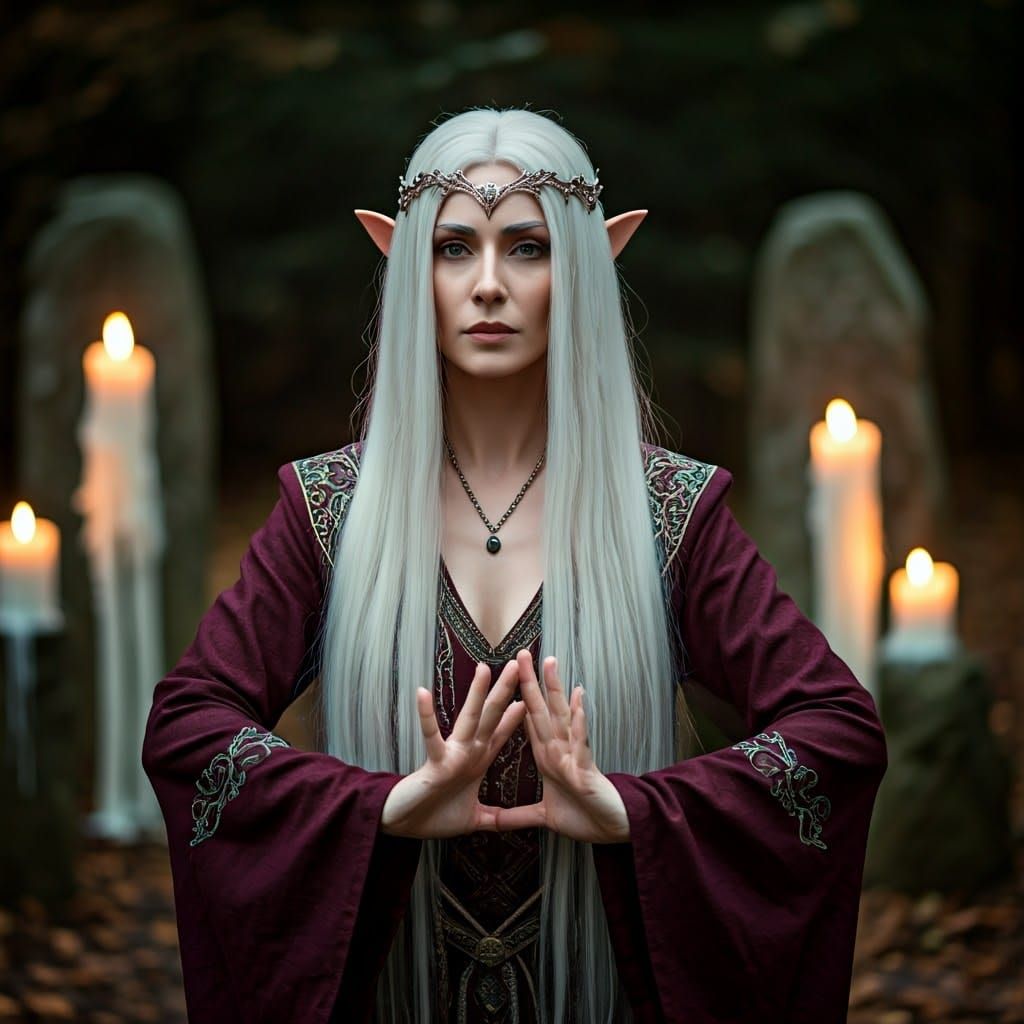 Ethereal Elven Princess Casts Fire Ritual Amid Anc... - AI Art