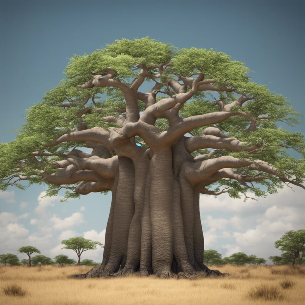 Huge single Baobab tree in the savanna with green leaves, 64k resolution, a masterpiece, 75mm ...