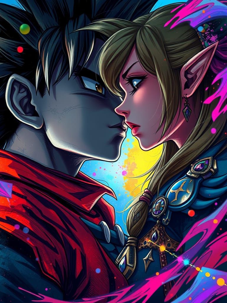 exaggerated caricature ultra hd photo,Goku kissing Zelda,a mix of ...